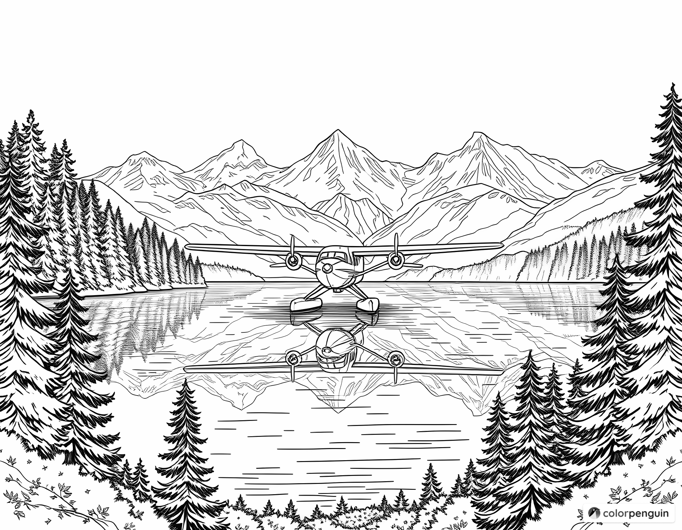 Seaplane Landing On A Mountain Lake Coloring Page