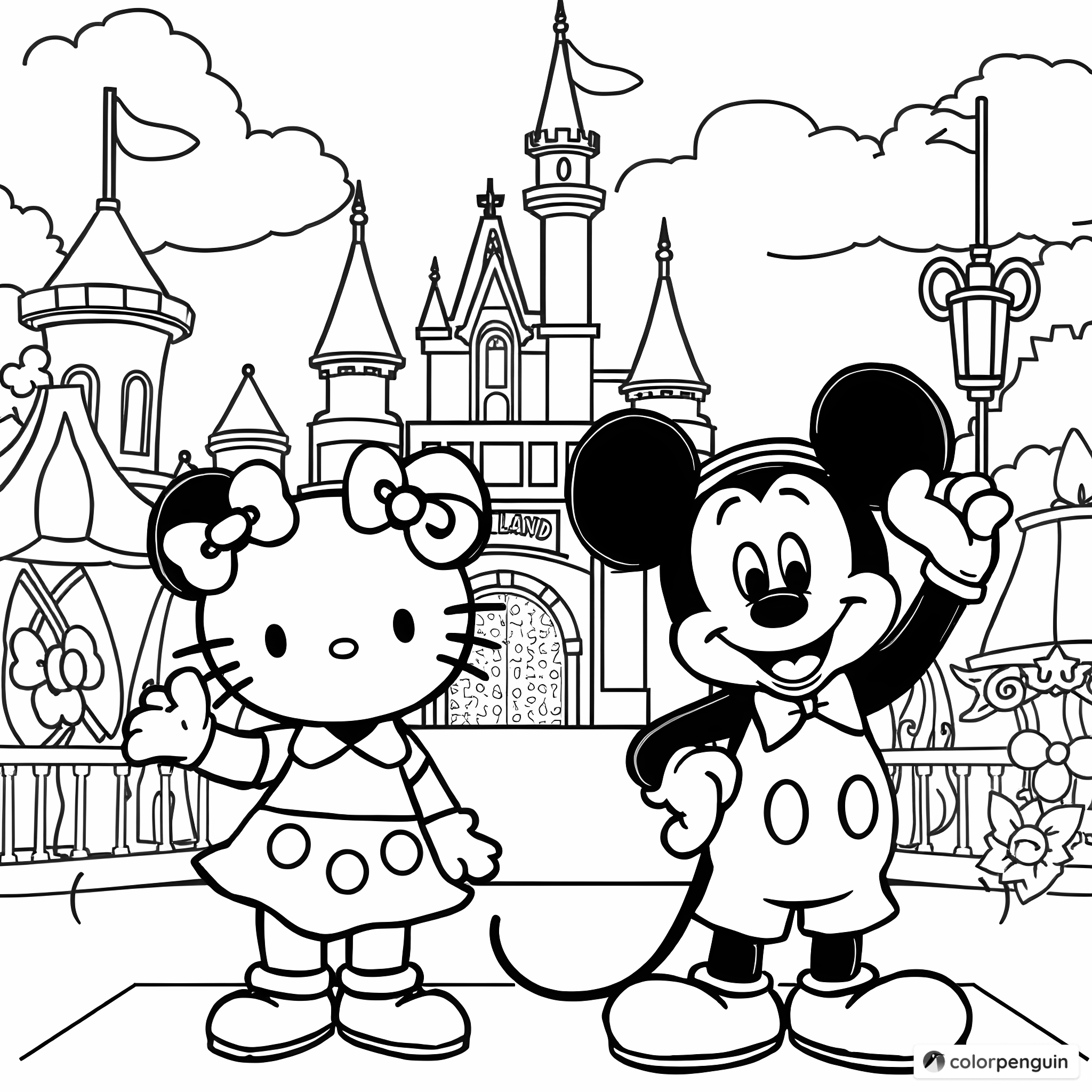 Hello Kitty At Disneyland With Mickey Mouse Coloring Page | Free Printable