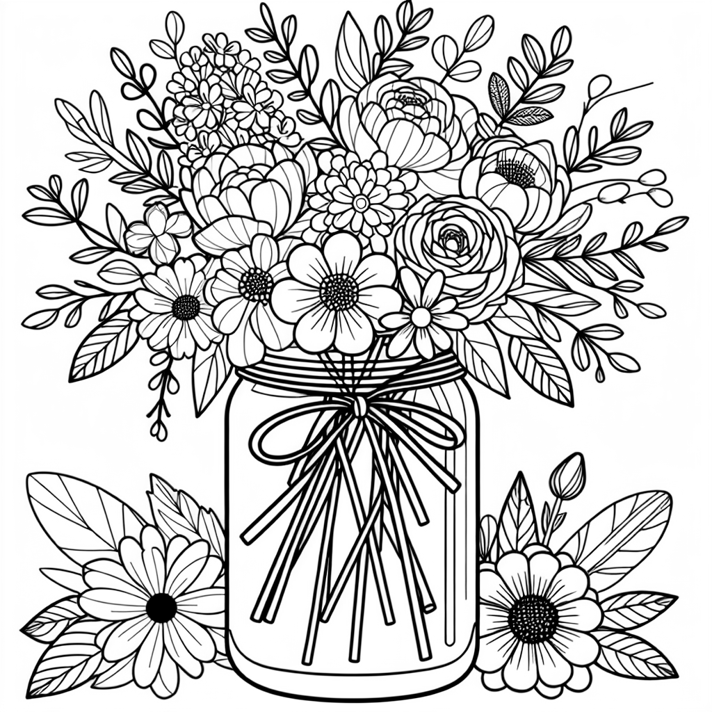 Mason Jar Of Flowers Coloring Page