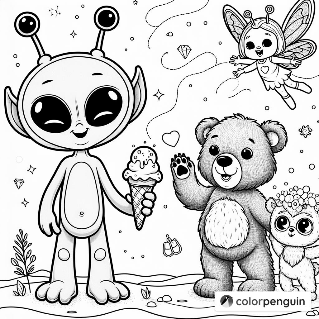 Stitch Ice Cream Panda And Fairy Fun Coloring Page