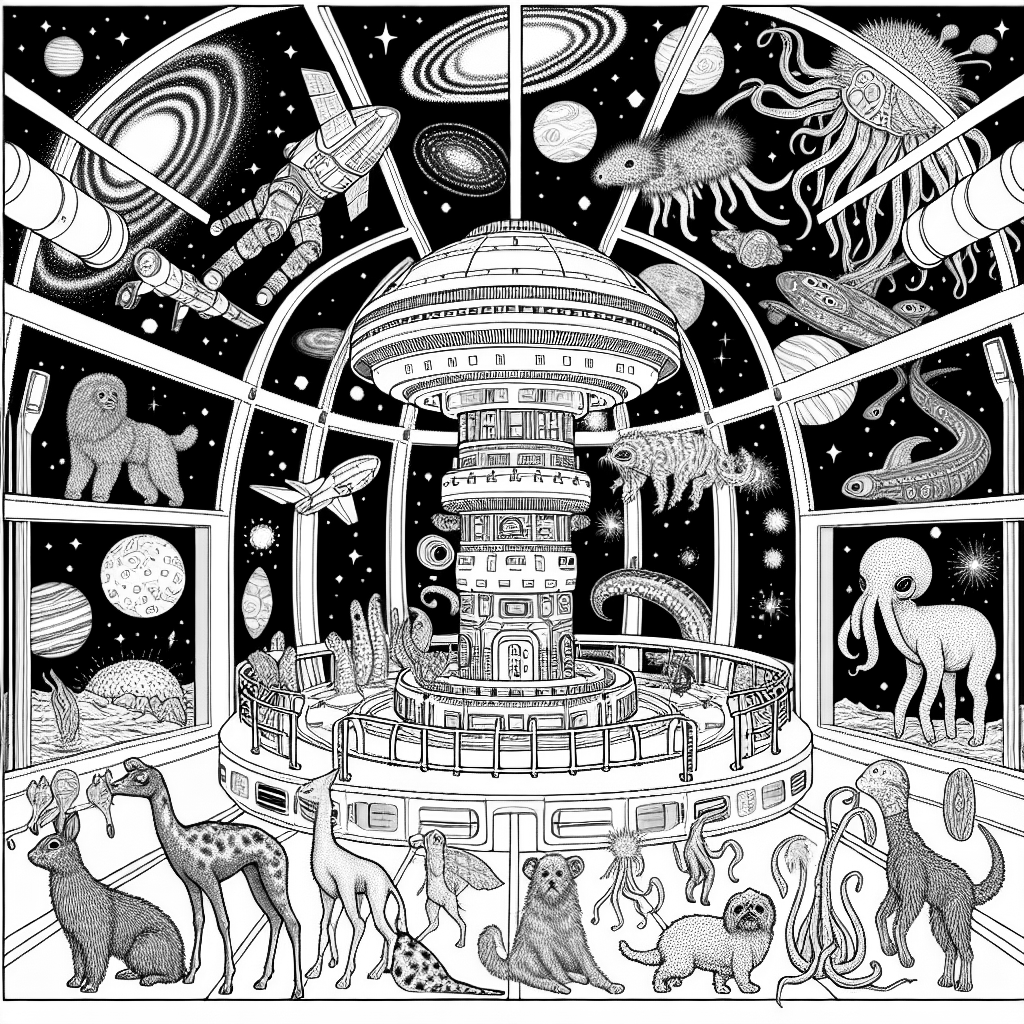 Cosmic Zoo On A Space Station Coloring Page