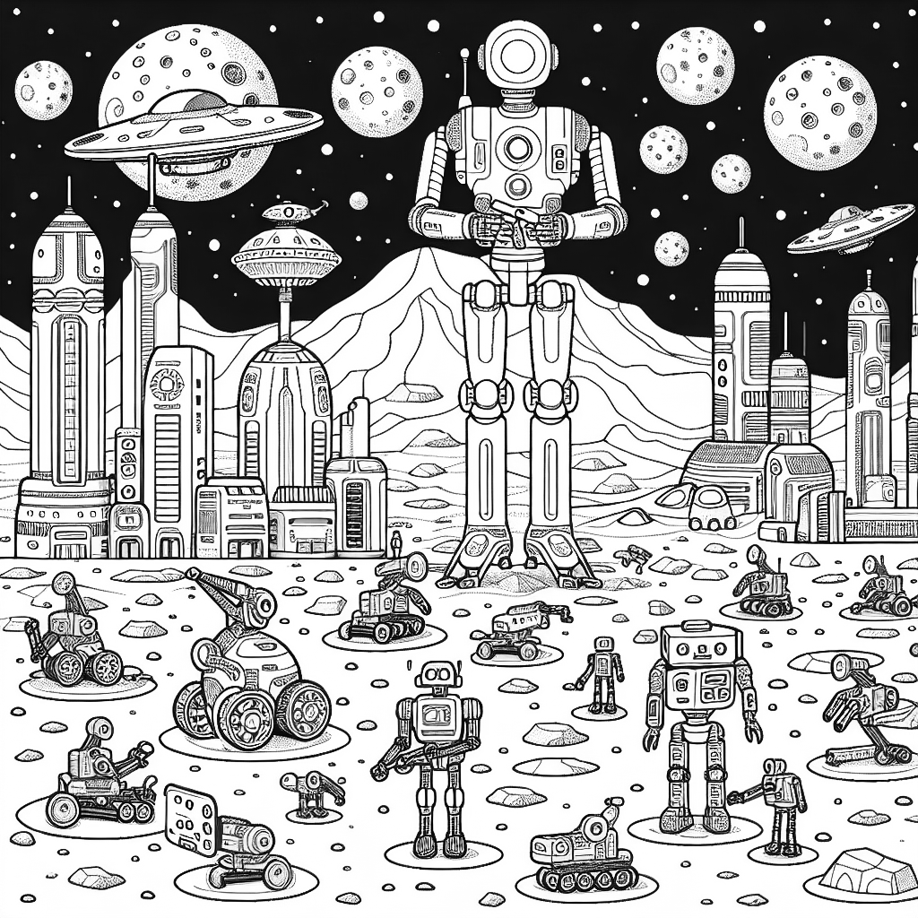Robots Building A Colony On A Moon Coloring Page