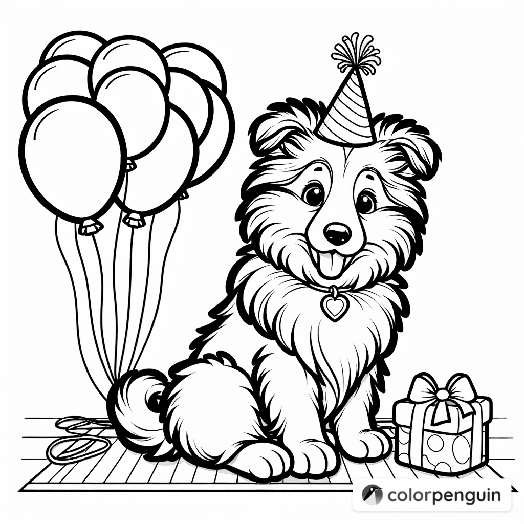 Collie Puppy Birthday Celebration Coloring Page
