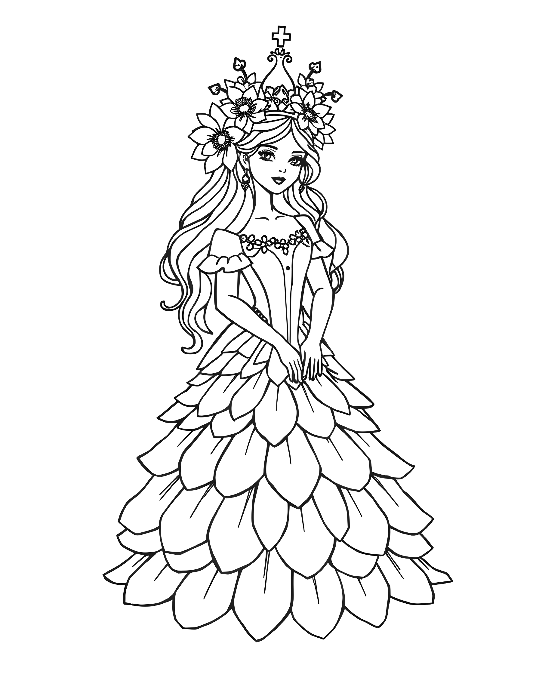 Flowercrowned Queen In Petallayered Gown Coloring Page