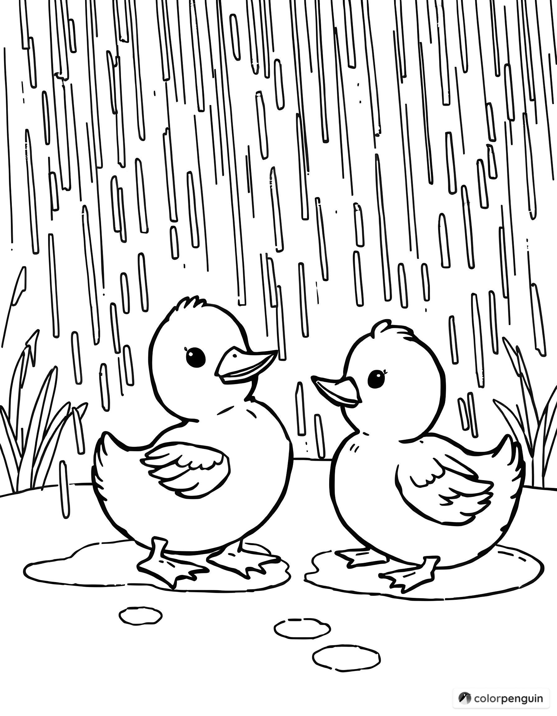 Cute Ducks In Rainy Weather Coloring Page
