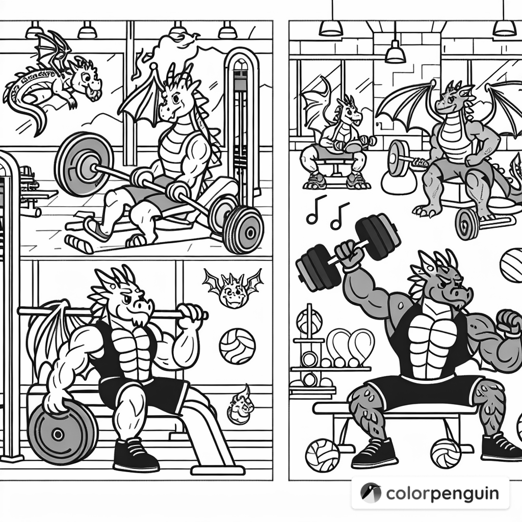 Muscular Dragons At The Gym Coloring Page