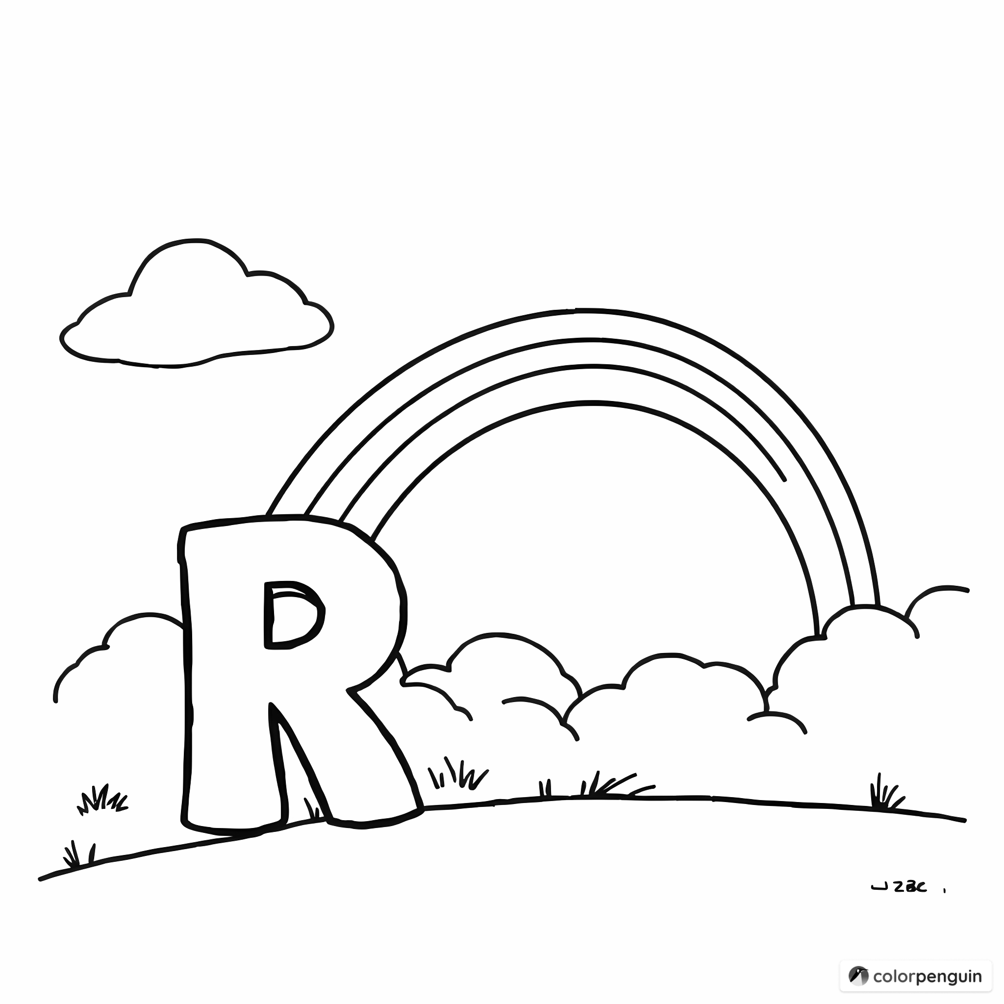 Letter R Next To A Rainbow Coloring Page