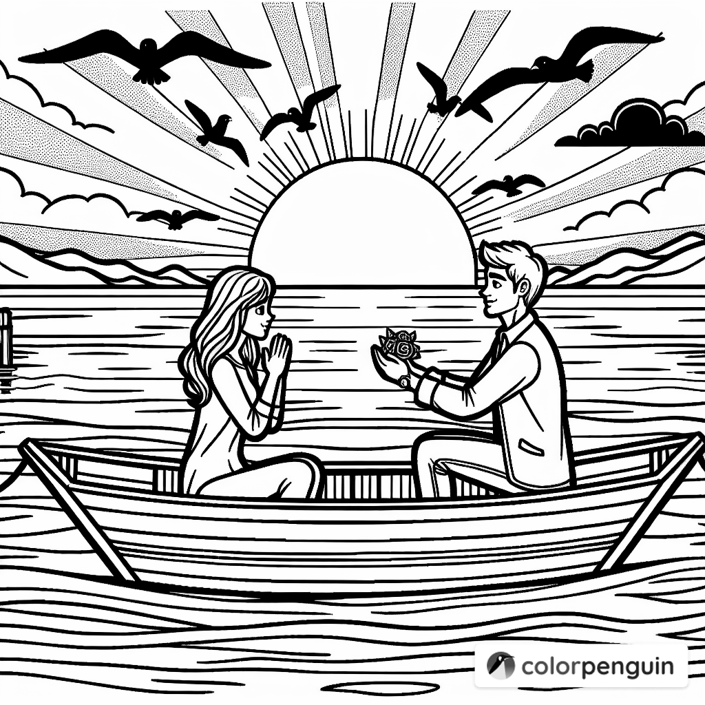 Proposal On A Sunset Boat Coloring Page