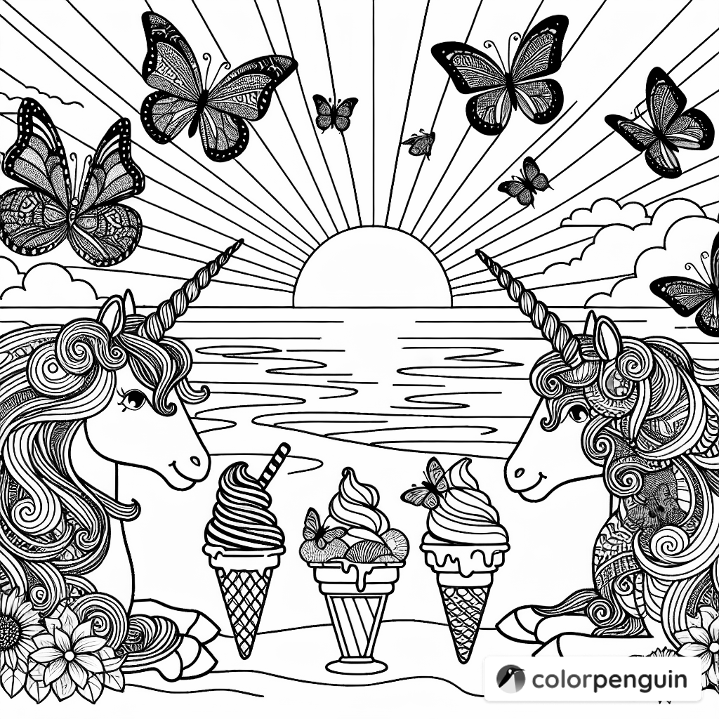 Unicorns And Butterflies Ice Cream Party At Sunset Coloring Page