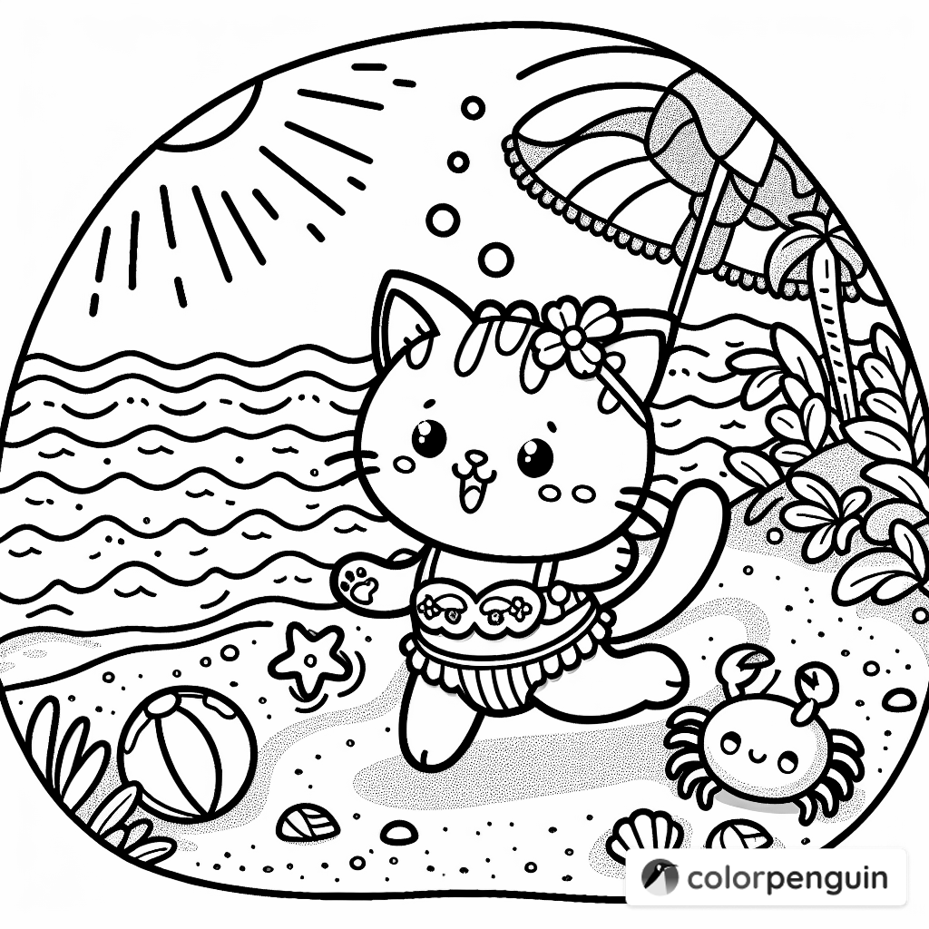 Beach Day Cat Coloring Page | Free Printable