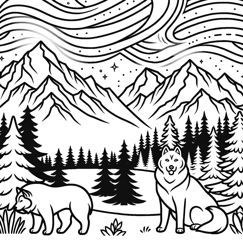 Alaskan Northern Lights Adventure Coloring Page | Free Printable