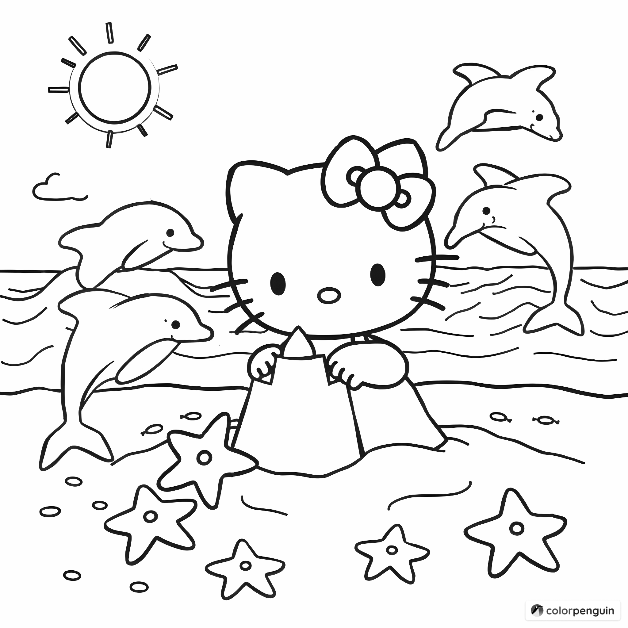 Hello Kitty At The Beach With Dolphins And... Coloring Page