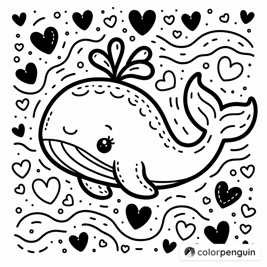 Baby Whale With Hearts Coloring Page