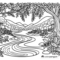 Winding River In A Lush Valley Coloring Page