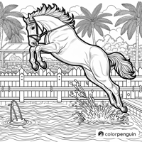 Horse Jumping Into A Pool Coloring Page