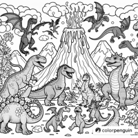 Dinosaur And Dragon Volcano Party Coloring Page