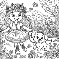 A Girl With A Dog Coloring Page
