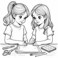 Two Girls Using Scissors On Fabric Coloring Page
