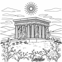 Ancient Greek Temple With Grecian Goddesses Coloring Page