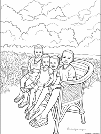 Four Children Sitting On A Chair. Coloring Page
