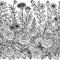 Beautiful Flowers And Rose Garden Coloring Page