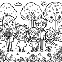 Happy Family With 3 Children Coloring Page