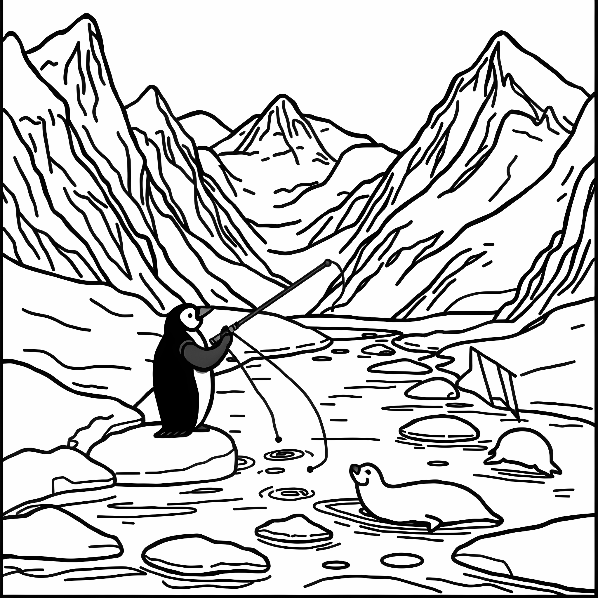 Penguin Catching Fishes Coloring Page
