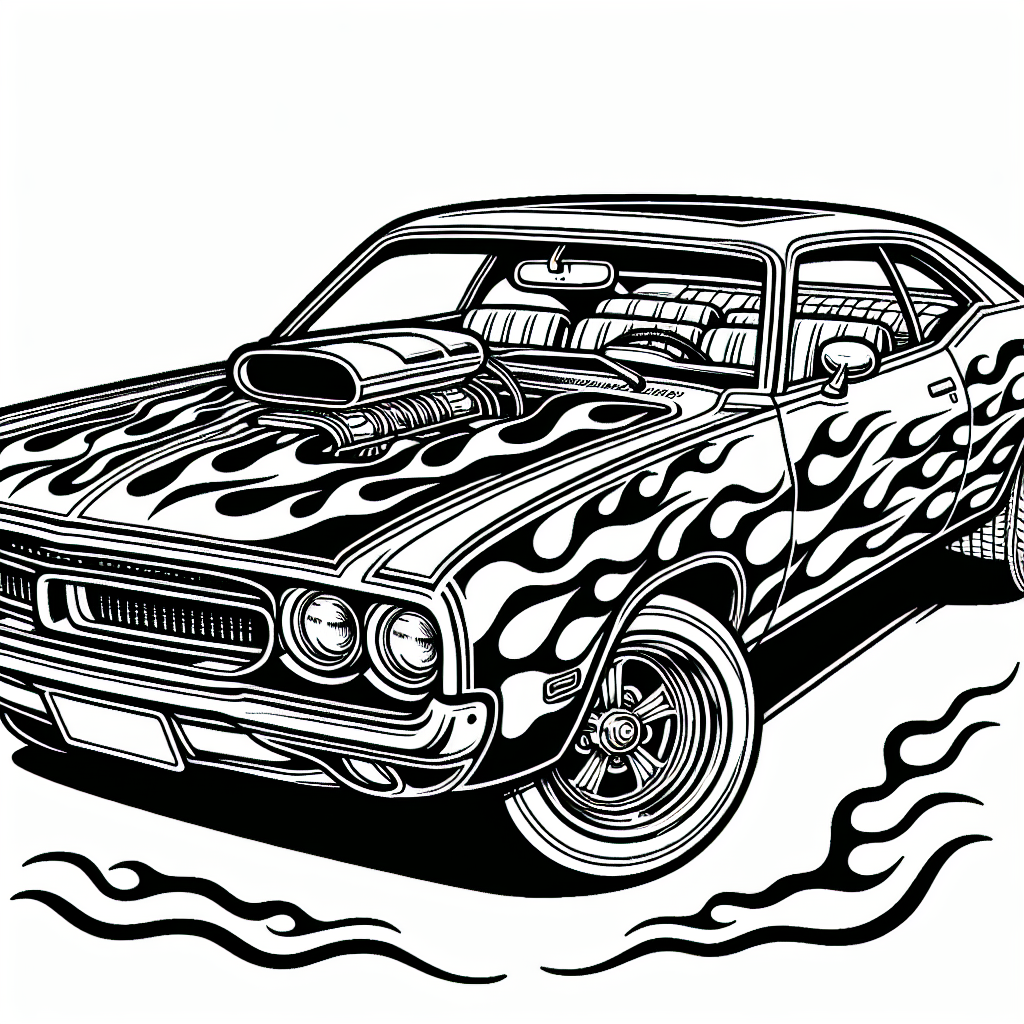 1970s Muscle Car With Flames Paint Job Coloring Page