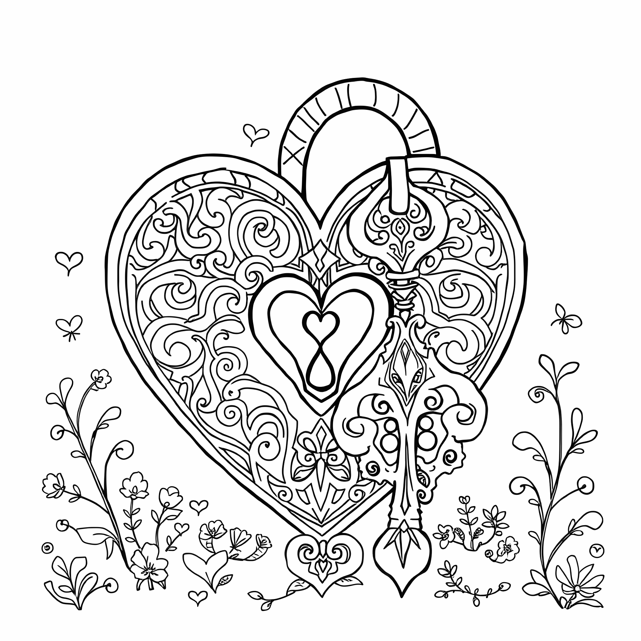 A Key Fitting Into A Heartshaped Lock Coloring Page