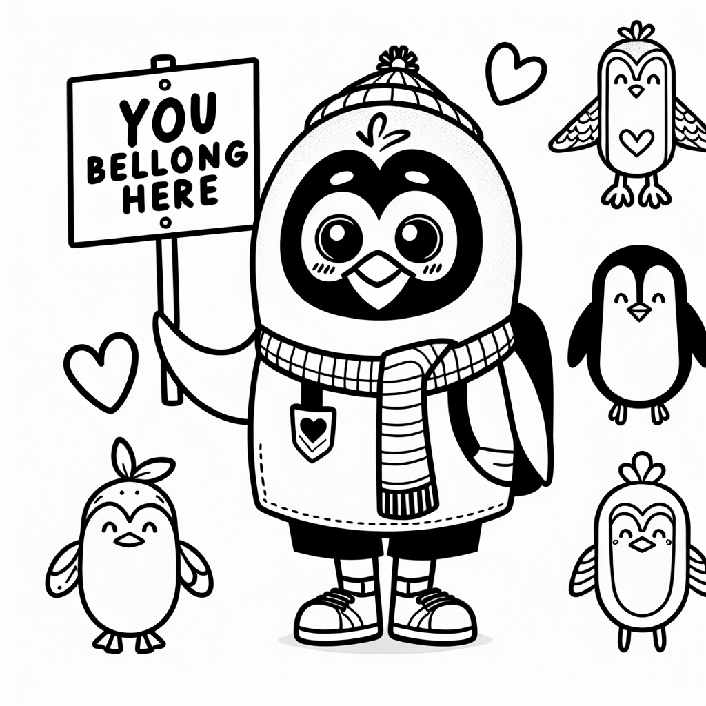 Penguin Mascot For Back To School Holds A Sign... Coloring Page