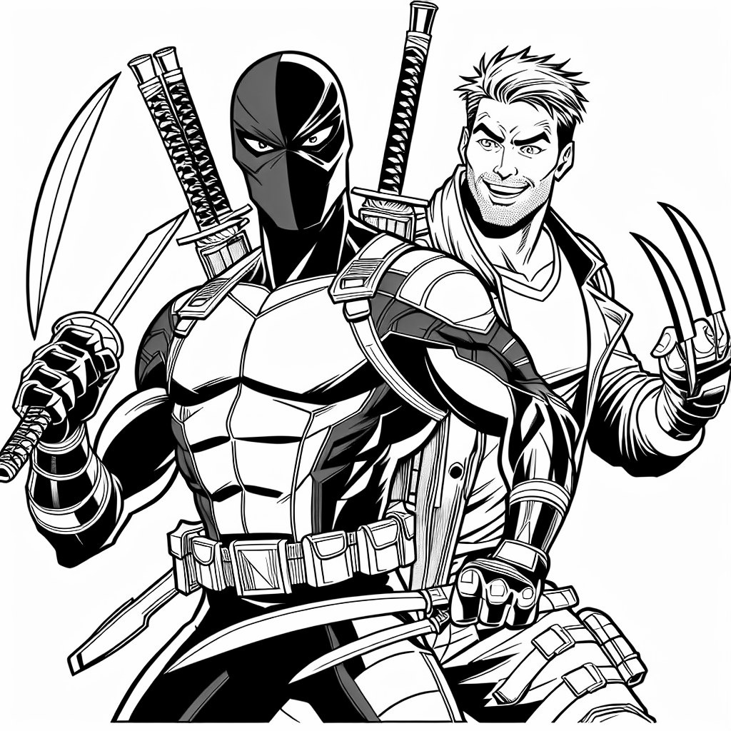 Deadpool Fighting Bad Guys With Wolverine Coloring Page