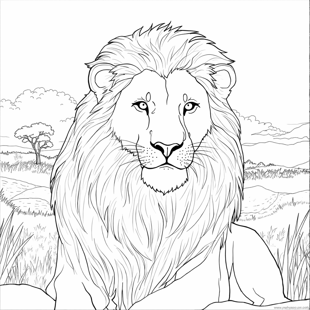 Lion With A Mane Sitting In A Field Coloring Page