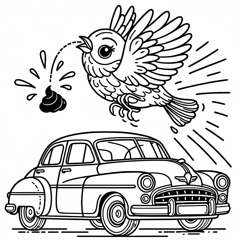 Bird Flying Over Car And Pooping Coloring Page