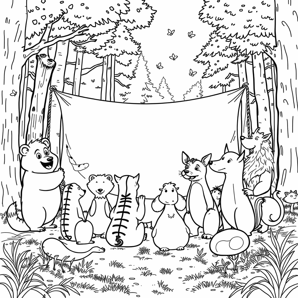 A Group Of Cute Animals Holding A Blank Banner Coloring Page
