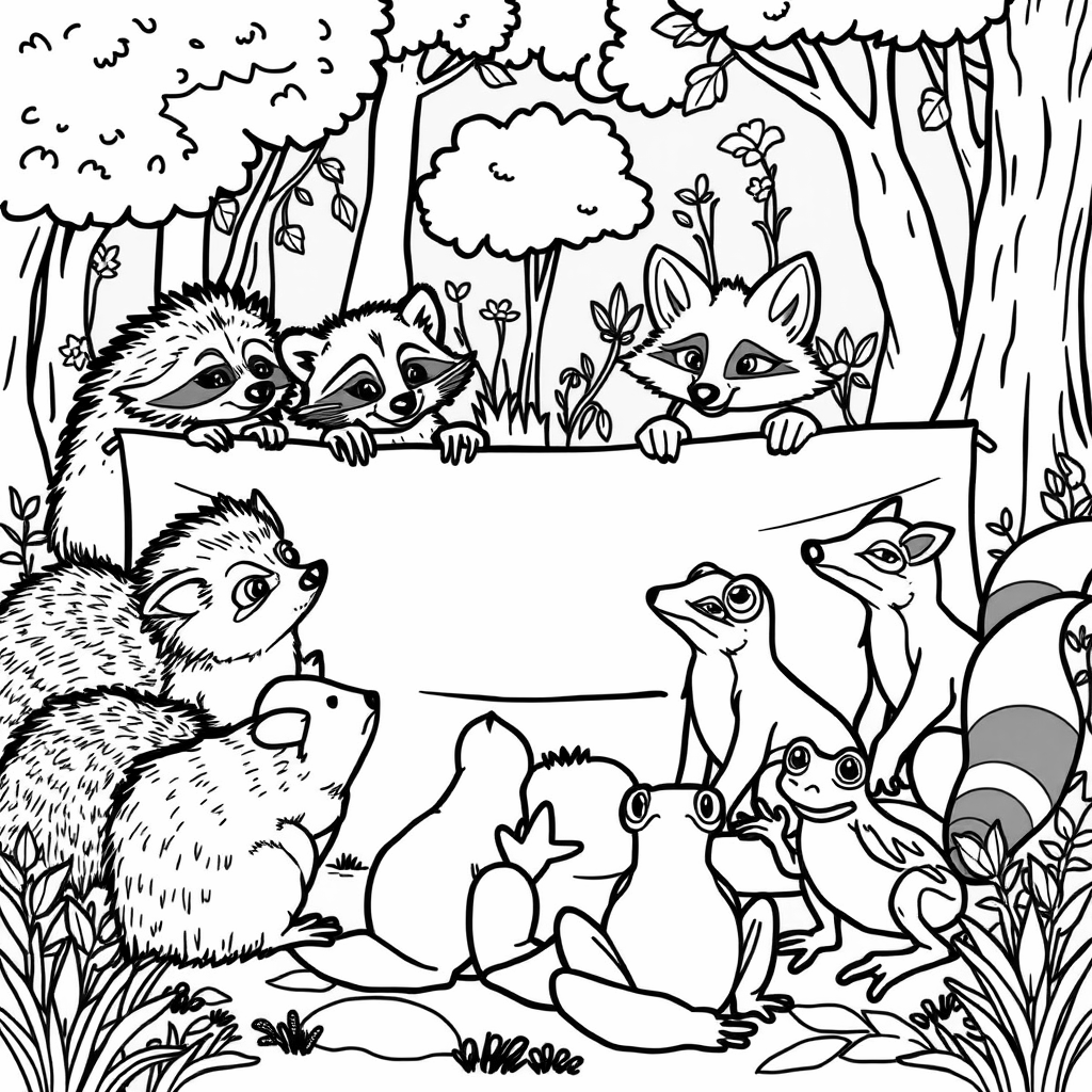 A Group Of Cute Animals Holding A Blank Banner... Coloring Page