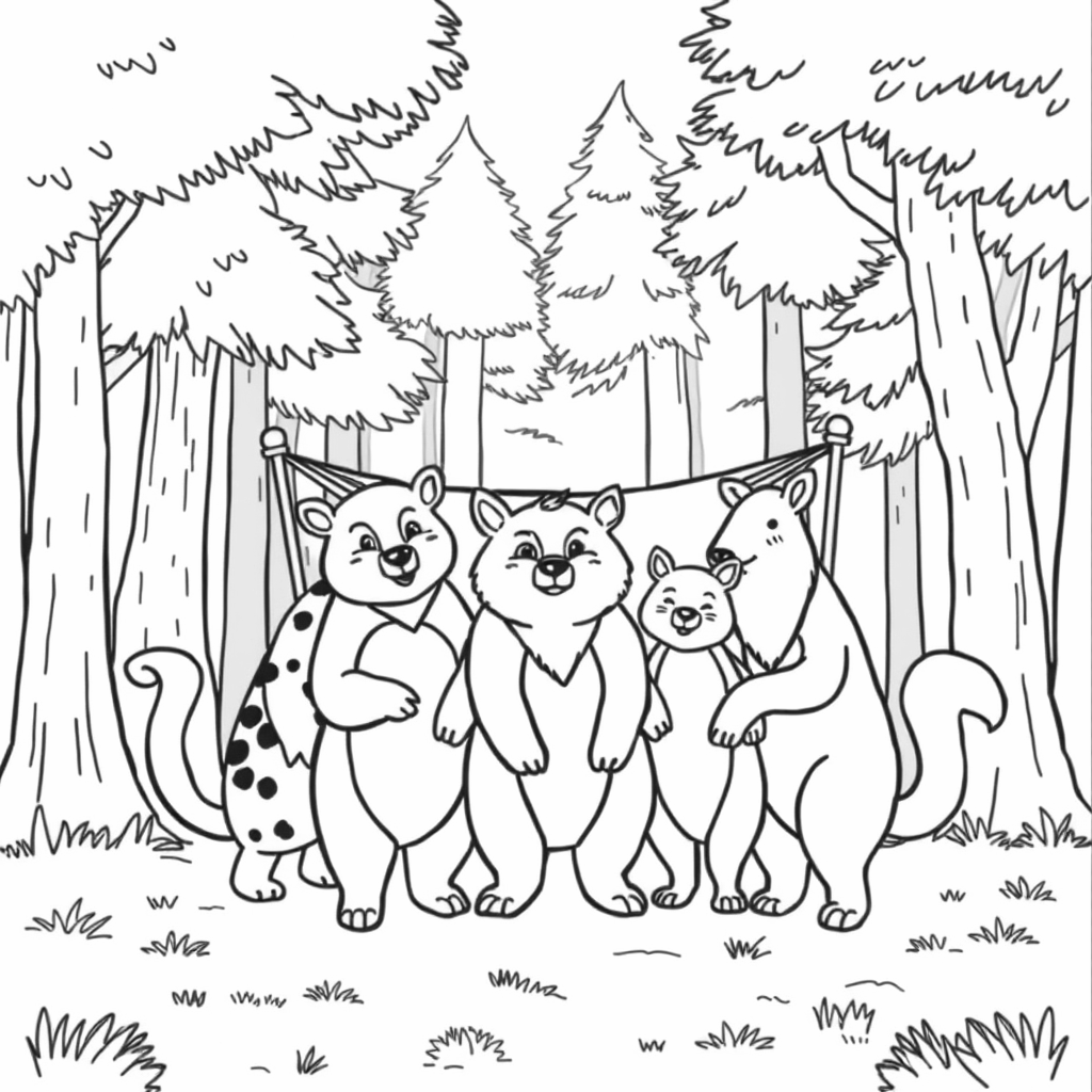 A Group Of Cute Animals Holding A Blank Banner... Coloring Page