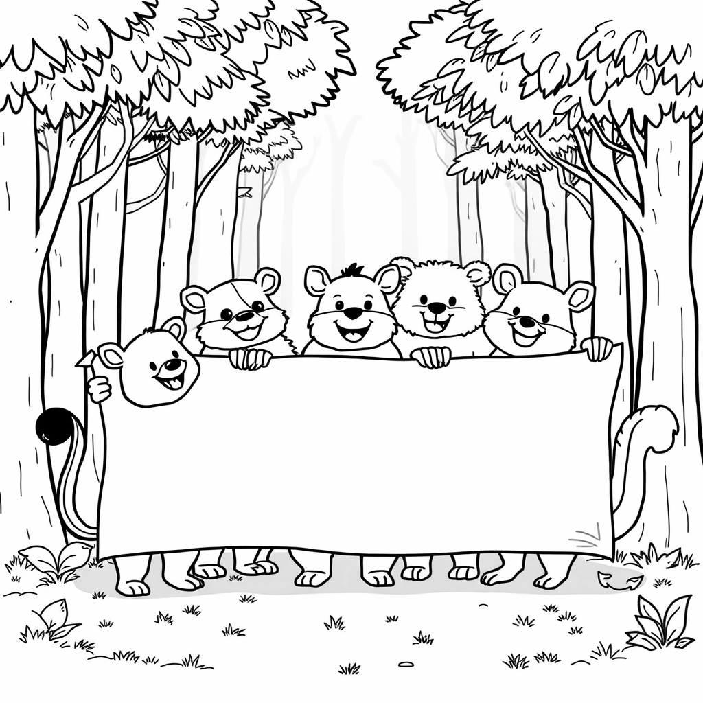 A Group Of Cute Animals Holding A Blank Banner Coloring Page