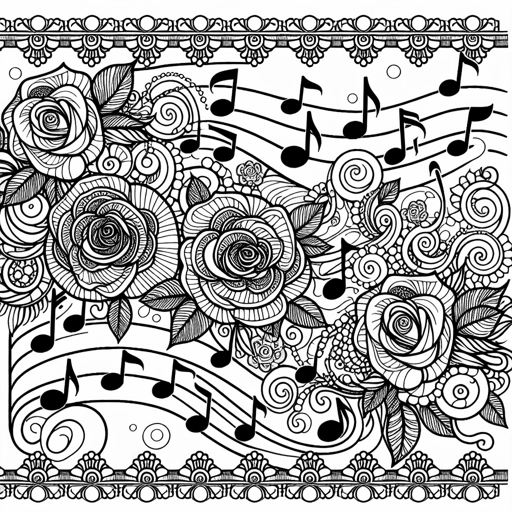 Roses And Music Notes Coloring Page