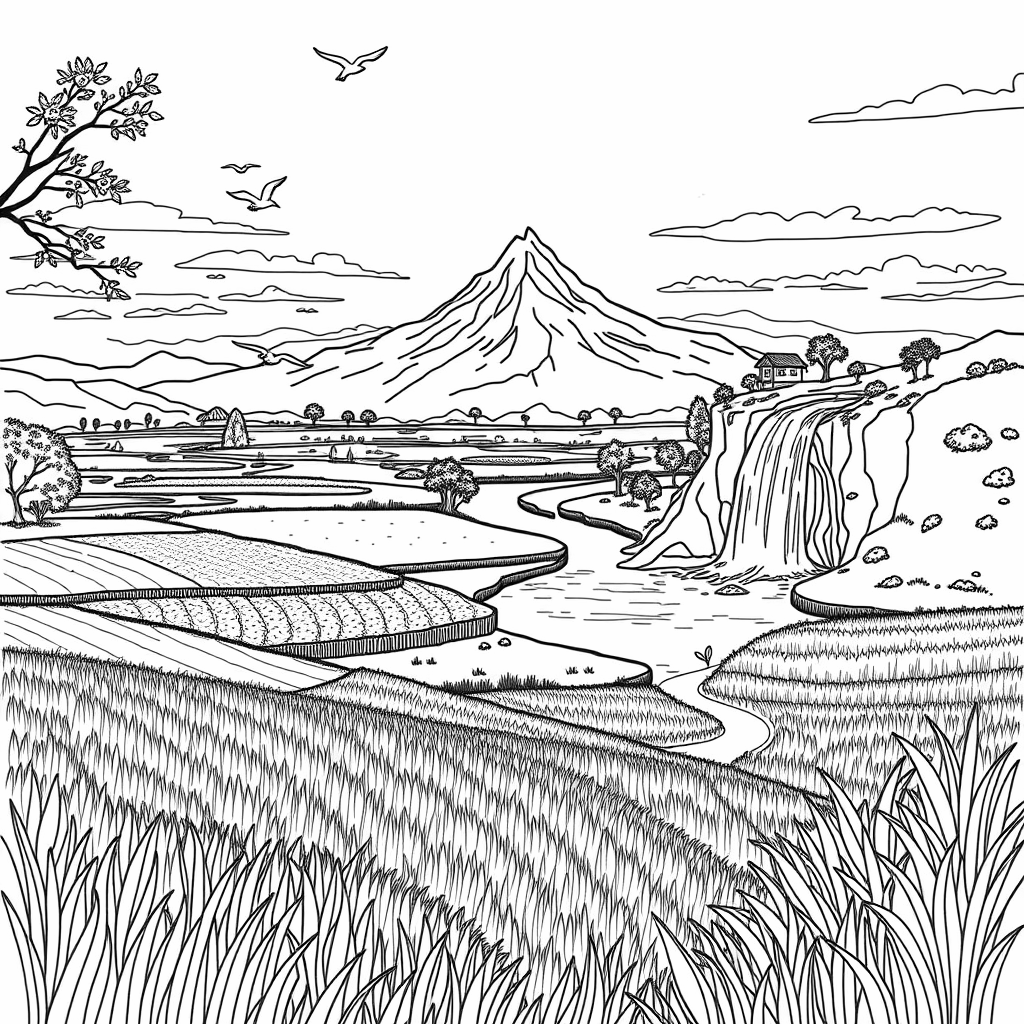 Landscape With Rice Field River Mountain And... Coloring Page | Free ...