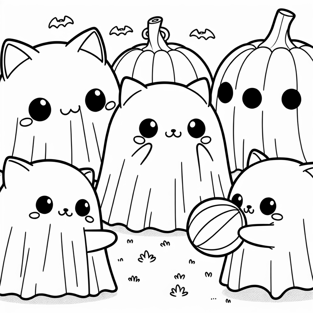 Three Chibi Cats Dressed As Ghosts Playing Catch... Coloring Page