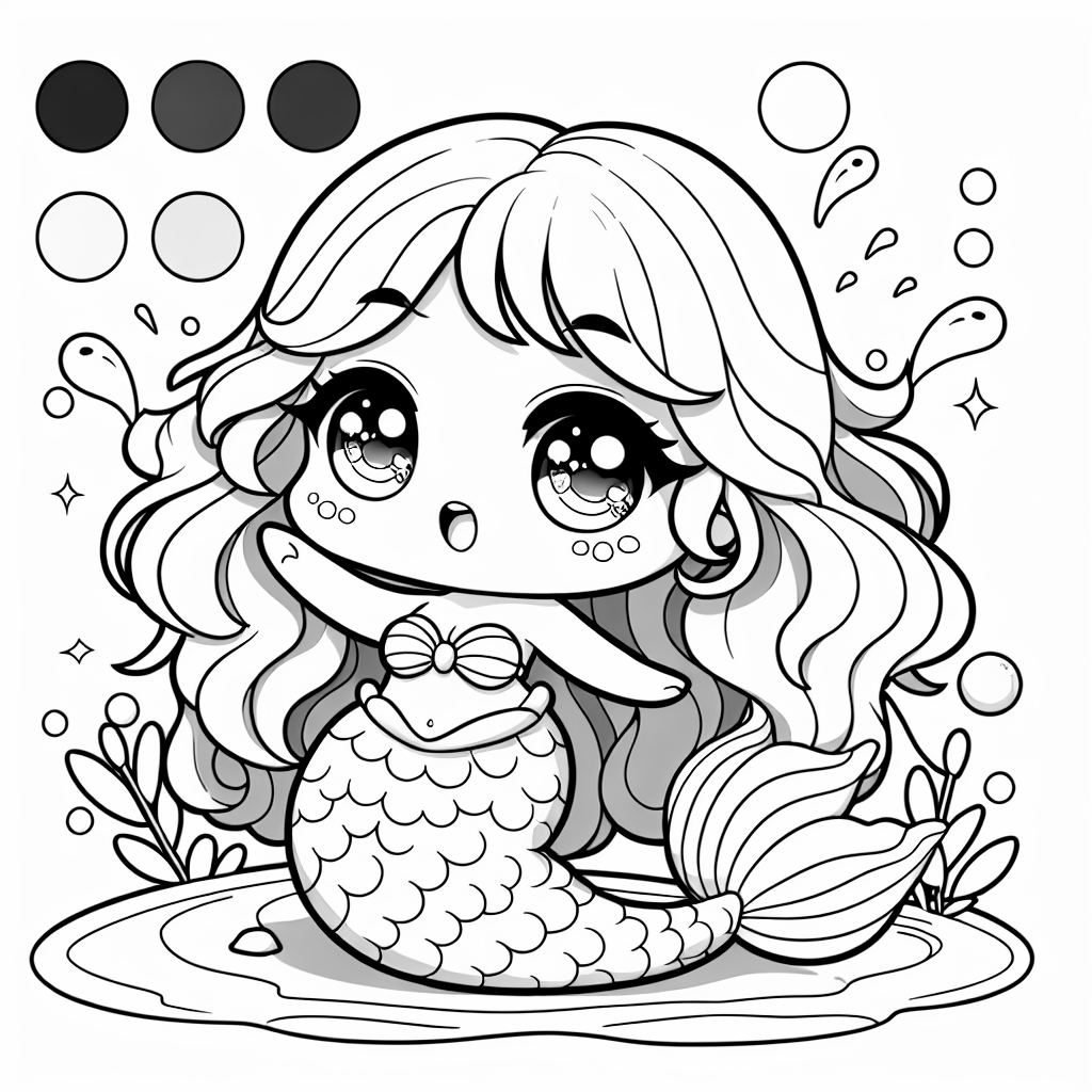 A Cute Round Chibi Mermaid With Big Sparkling Eyes... Coloring Page