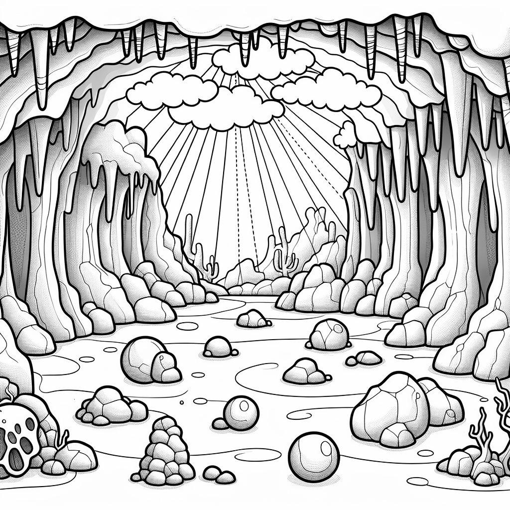 A Dark Rocky Cave With Jagged Stone Walls And... Coloring Page