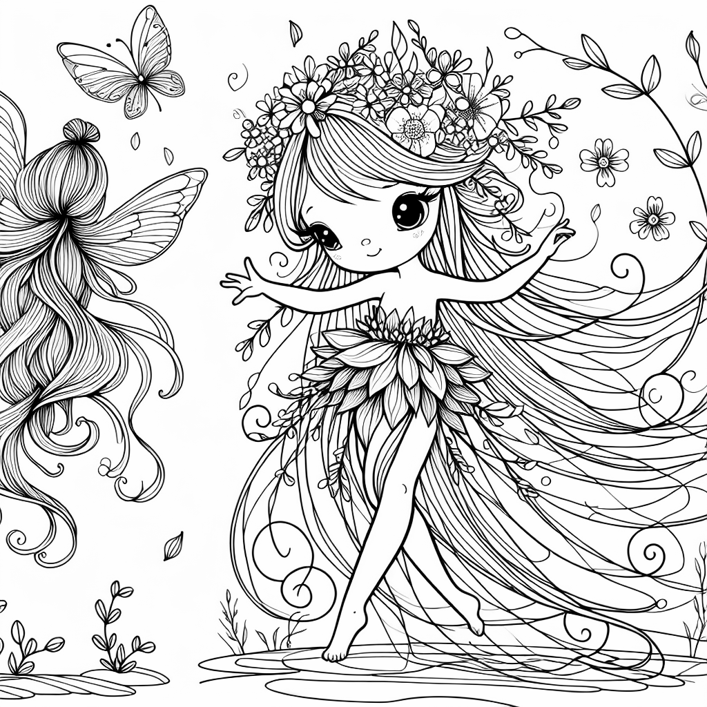 A Small Delicate Nymph With Flowing Hair Made Of... Coloring Page