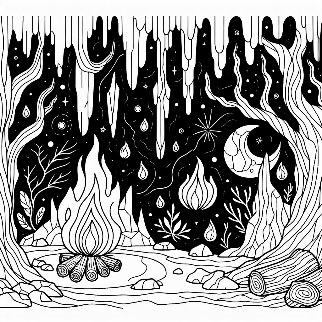 Underworld Cave With Fire Around Coloring Page