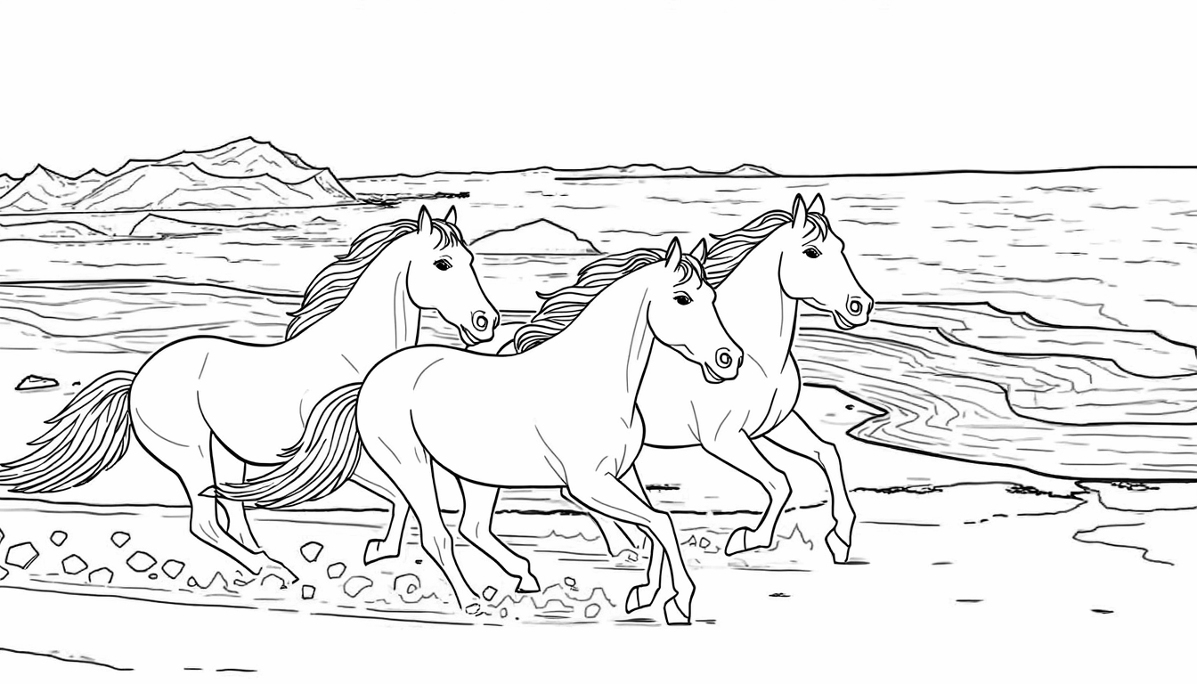 The Image Depicts A Beach Scene With Three Horses... Coloring Page