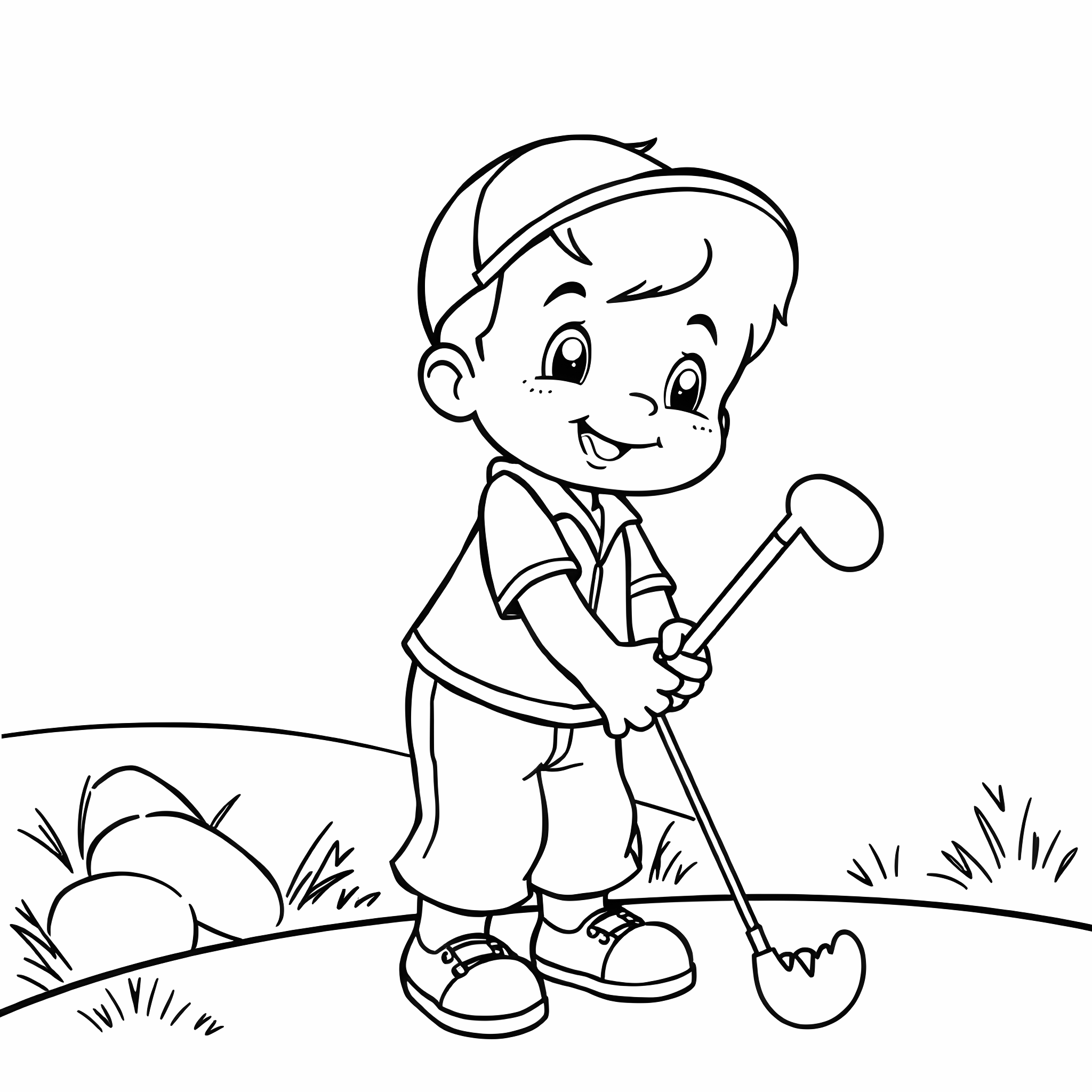Child Playing Golf Putting With A Lawn In The... Coloring Page
