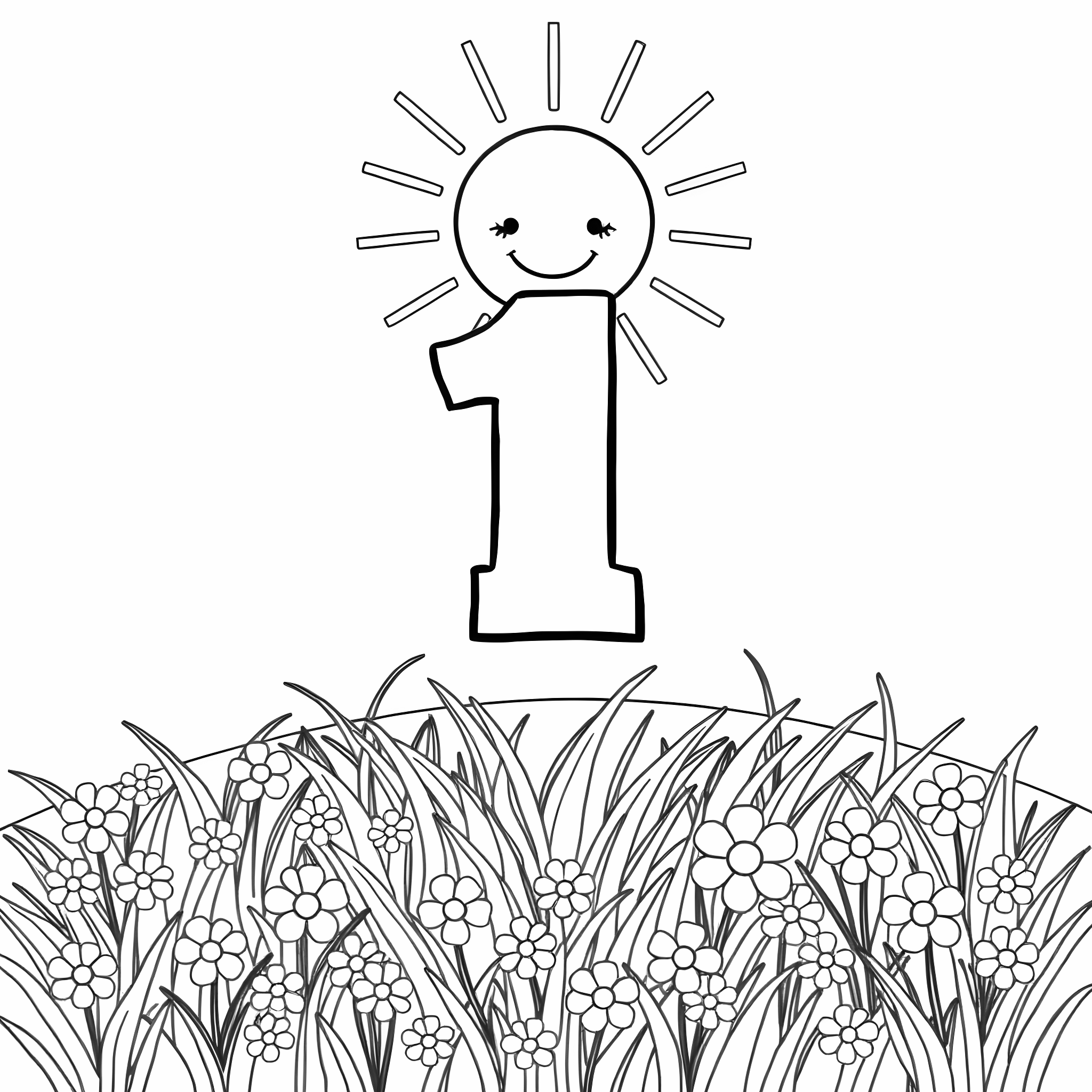 Draw The Number 1 With A Sun And A Green Meadow Coloring Page