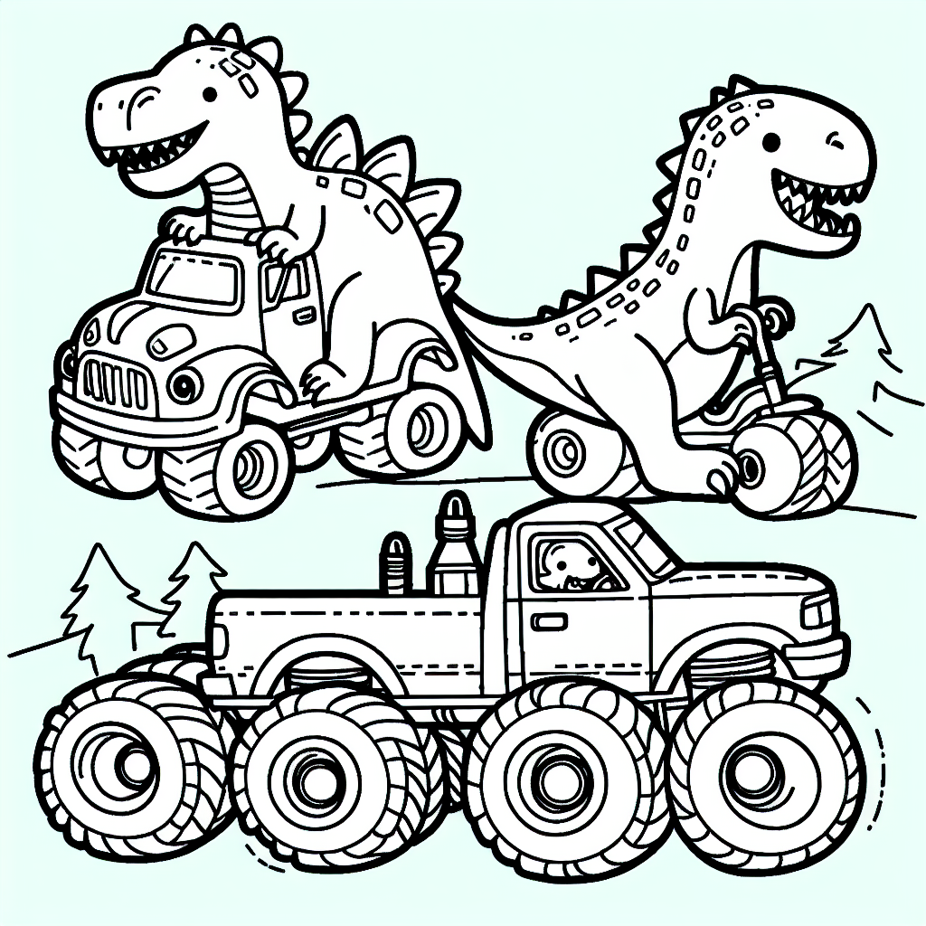 Dinosaurs Driving Monster Trucks Coloring Page