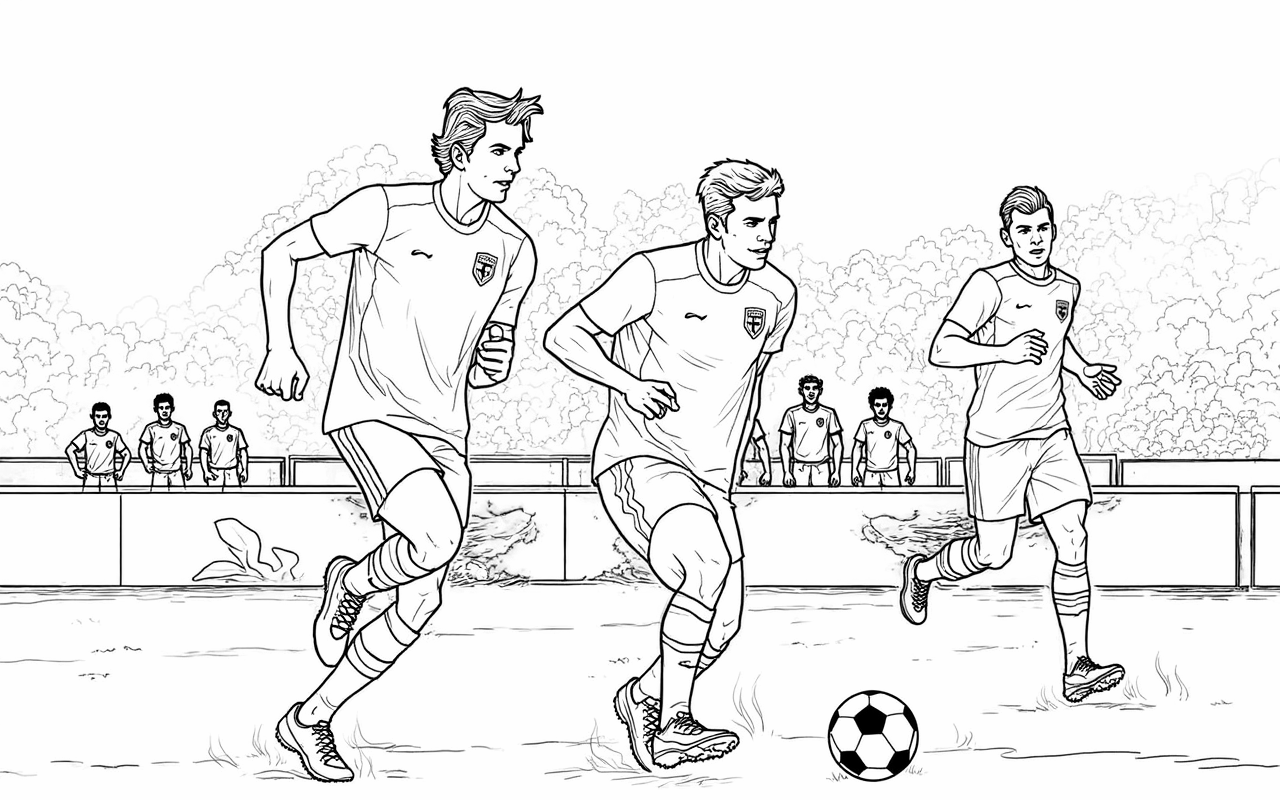 The Image Features A Soccer Field With Several... Coloring Page