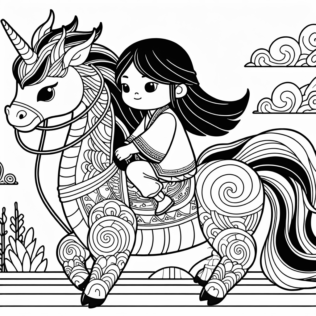 Little Girl Riding A Dragon Unicorn Hybrid Coloring Page